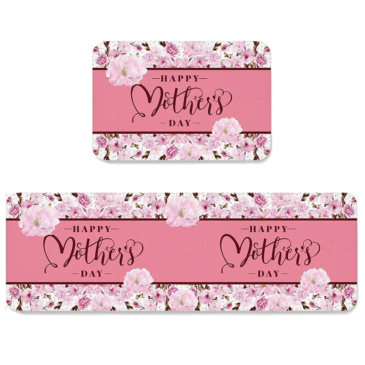 KITHOME Happy Mother's Day Kitchen Mats Sets 2 Piece, Mother's Day Spring Pink Floral Blossom Kitchen Rug Non-Slip Washable Runner Carpets for Mother's Day Decorations, 15.7" x 23.6" + 15.7" x 47.2"