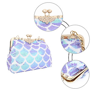 Women Mini Mermaid Scale Sequin Evening Handbag Clutch Chain Strap Cross-body Bag Kiss Lock
