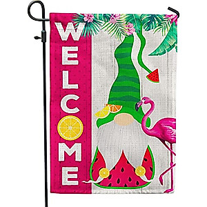 Summer Welcome Gnome Garden Flag 12x18Inch Tropical Double Sided for Yard Outside Decoration
