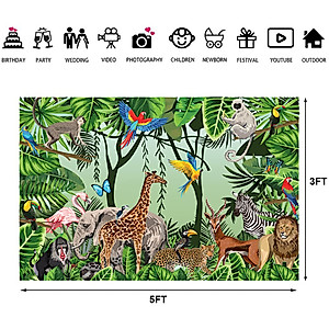 Ticuenicoa 5×3ft Jungle Backdrop Safari Animals Tropical Boy Birthday Baby Shower Birthday Party Wild One Banner Decoration Supplies Favors Gifts Forest Woodland Background Photobooth Prop