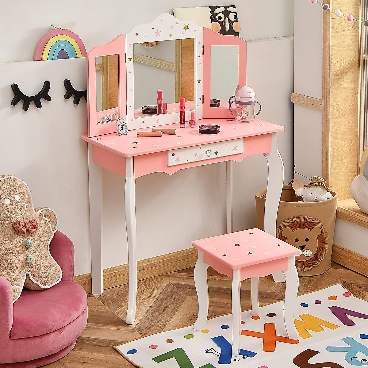 KOTEK Kids Vanity Set w/Tri-Folding Mirror, 2 in 1 Wooden Princess Makeup Dressing Table w/Detachable Top & Storage Drawers, Pretend Beauty Play Vanity Table Set for Girls (Pink Star Print)