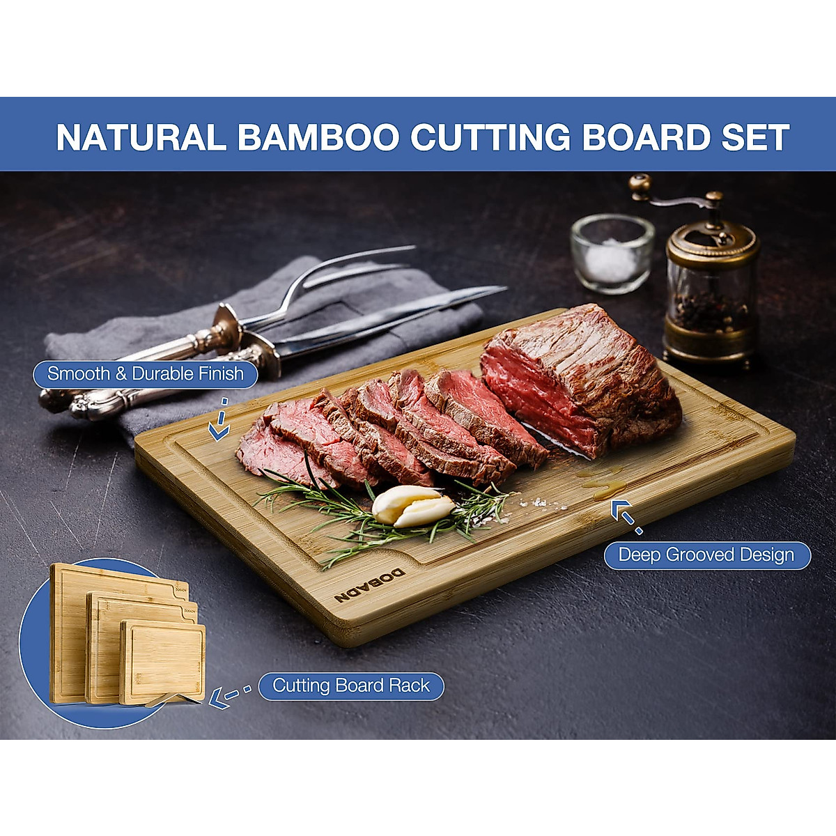 DOBADN Bamboo Cutting Board Set for Kitchen,（Set of 3）Chopping Boards with Juice Groove,Natural Wood Cutting Boards with Stainless Steel Holder,Cutting Board Set for Butcher Block,Cheese,Vegetables