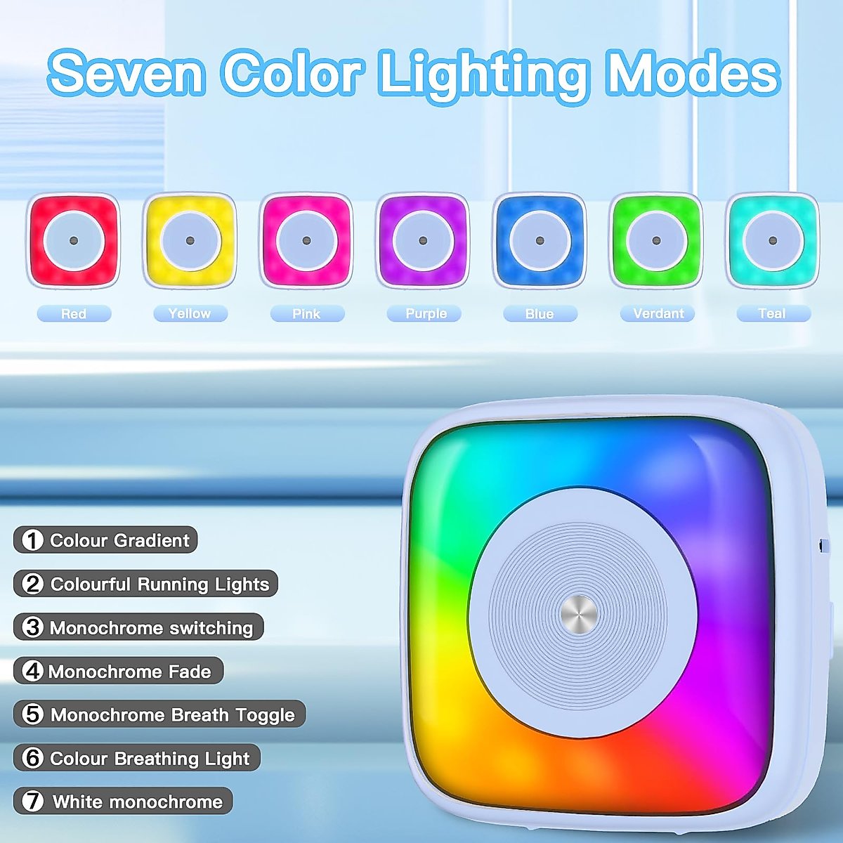 Mini Printer Sticker Printer Print Pod with 6 Rolls Sticker Paper, Seven Color Lighting Modes for DIY Scrapbook, Travel, Notes, Label, Memo, Compatible with iOS&Android