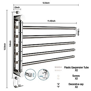 SCDGRW Swivel Towel bar 5 arm - Stainless Steel Bathroom Swing Towel Rack with Hook- Wall Mounted Towel Holder Storage Organizer for Bathroom Kitchen
