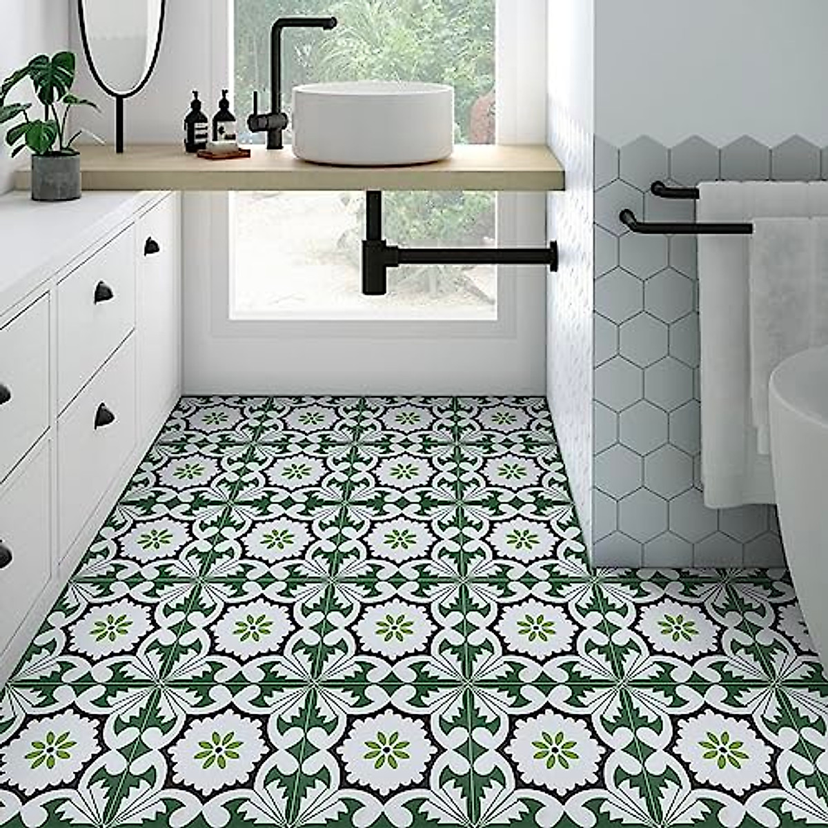 Peel and Stick Floor Tile Dark Black and Green Vinyl Flooring, Total 20 Pieces, for Home Decoration