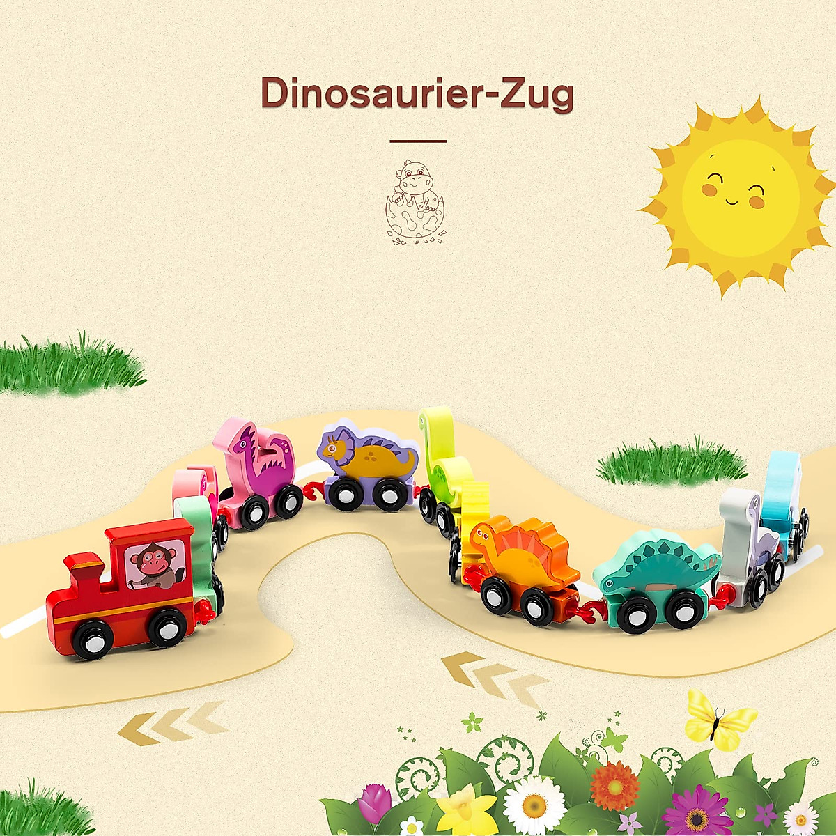 Wooden Dinosaur Numbers Train Game for Toddlers 3 Years Old,Early Education Learning Calculation Block Kit Toys for Boys & Girls Birthday Gift.