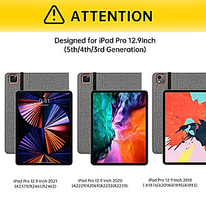 iPad Pro 12.9 Case 6th Generation 2022 / 5th Gen 2021/2020 4th / 2018 3rd Gen, iPad Pro Cases with Pencil Holder, Full-Body Protection Leather Cover for Women, Auto Wake/Sleep - Grey