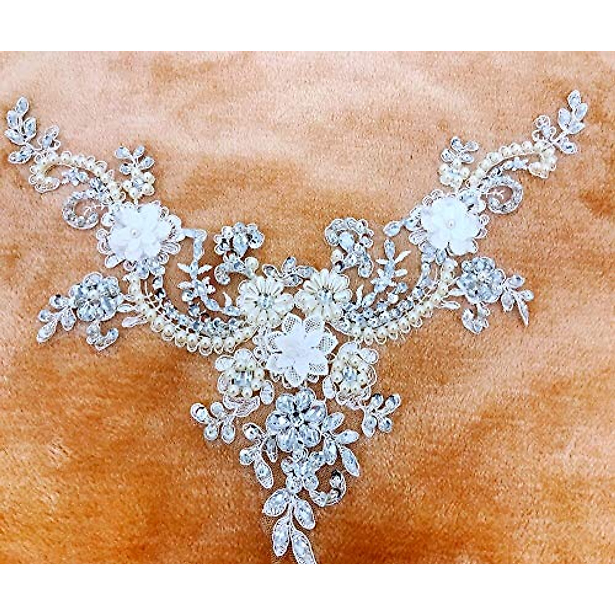 wtbv.n Handmade Crystal Peal Patches Sequins Rhinestones Ivory lace Trim Applique 38 * 28cm for Dress Skirt