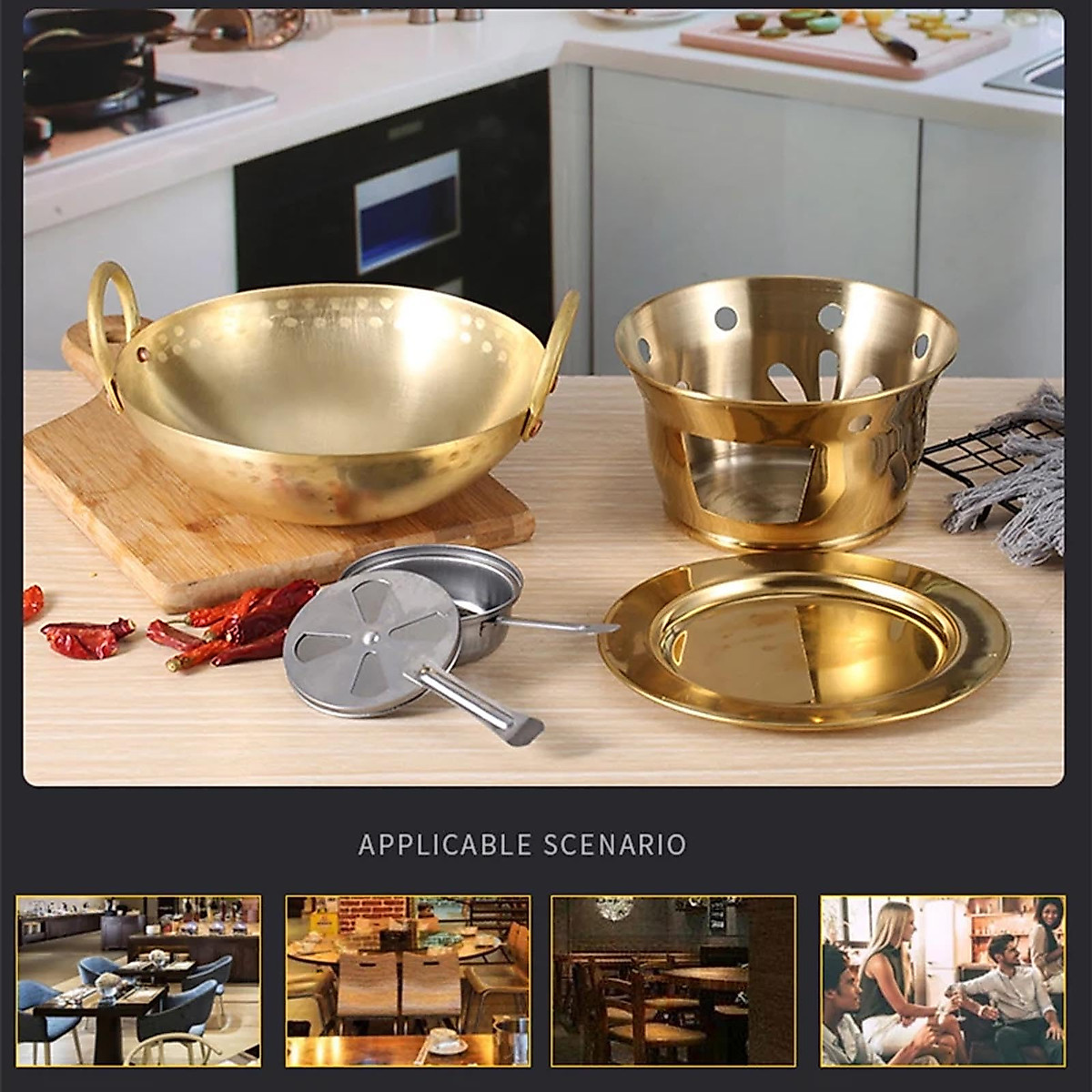 UGCER Copper Chafing Dish Buffet Warmer Set, Alcohol Stove Cooking Pot with Food Pan, Fuel Holder and Lid for Catered Events Parties,20cm