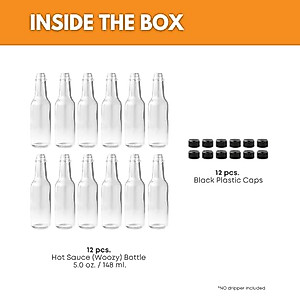 FastRack - 5oz Woozy Hot Sauce Bottles, Pack of 12 with Black Plastic Caps, Empty Small Woozy Bottles, High Grade Clear Glass bottles with Leakproof Cap - No Dripper Included