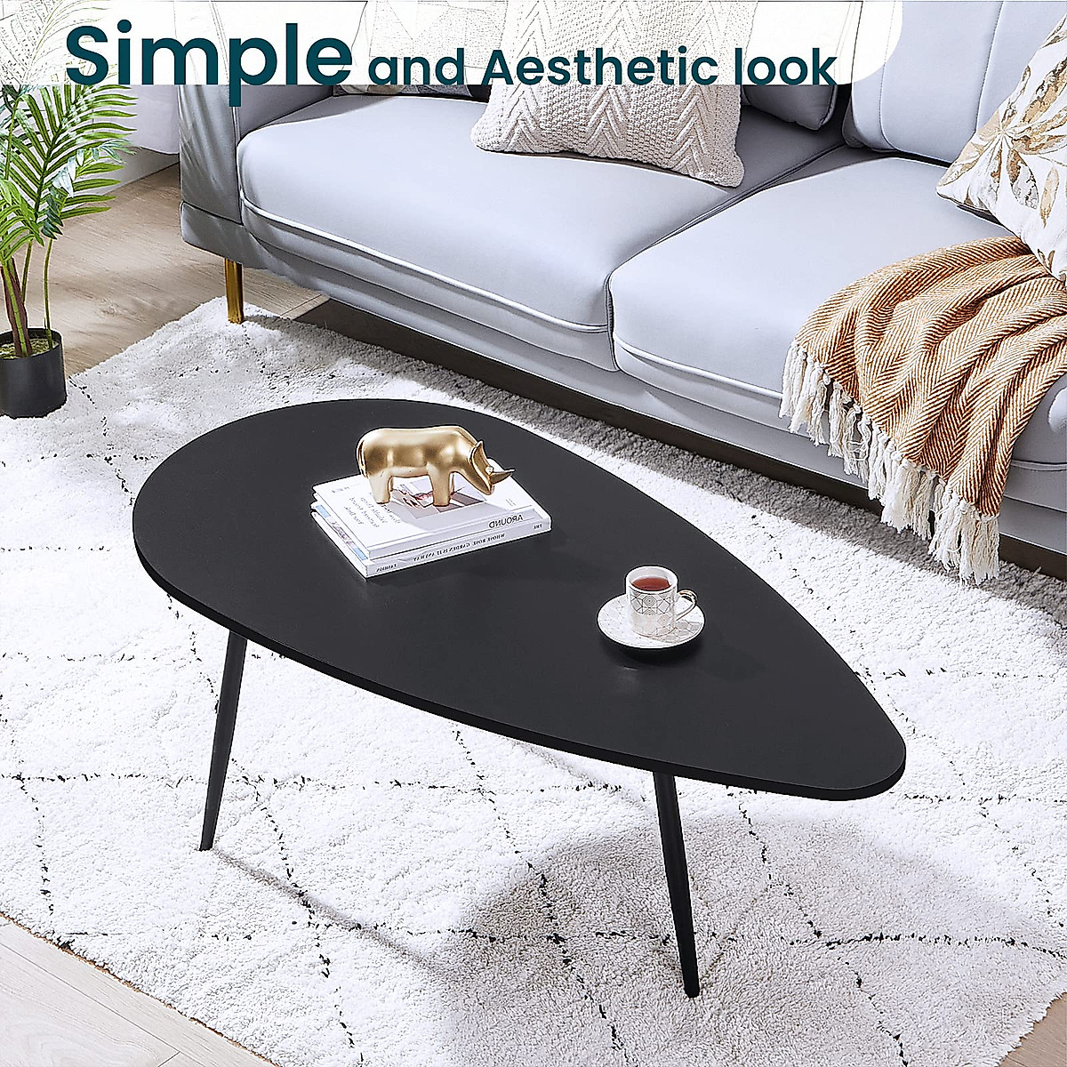 SAYGOER Black Small Coffee Table Modern Oval Coffee Tables Retro Center Table for Small Space Mid Century Coffee Table Rustic Accent Table for Living Room Home Office, Easy Assembly