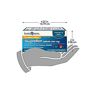 Amazon Basic Care Ibuprofen Tablets, Fever Reducer and Pain Relief from Body Aches, Headache, Arthritis and More, Brown, 200 Count