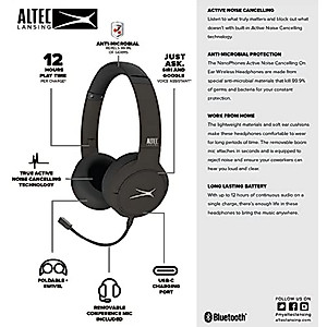 Altec Lansing Nanophones ANC Bluetooth Wireless Active Noise Cancelling Headphones On Ear Headphones 12 Hour Battery Life, Foldable Earcups, Removeable Mic for Working and Learning from Home (Grey)