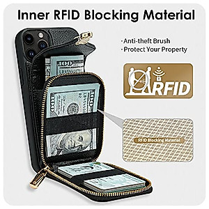 JLFCH ROMIELA Series iPhone 14 Pro Wallet Case, Crossbody Chain Strap Case Zipper Leather Purse RFID Blocking with Card Holder Lanyard Women Protective for Apple iPhone 14 Pro, 6.1 inch - Black