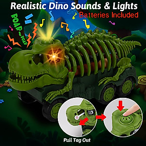 Dinosaur Trucks Toys for 2+ 3 4 5 6 Year Old Boys Birthday Gift Transport Carrier Car Vehicles Toddlers 3-5 with Sound Light, Dino Figure& Eggs Monster Truck Game Dinosaur Play Set for Kids 4-6 Girls