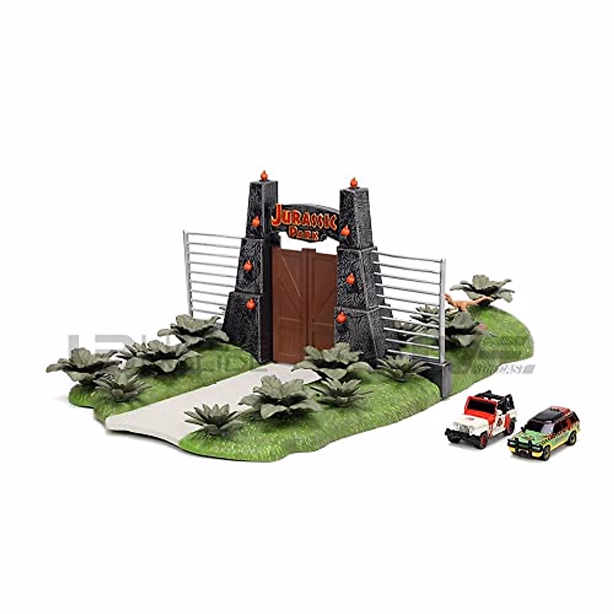 Nano Scene Jurassic Park 30th Anniversary Jurassic Gate Diorama w/ Two 1.65" Die-Cast Cars, Toys for Kids and Adults