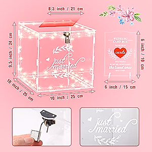 Meonum Acrylic Wedding Card Box for Reception Just Married Clear Wedding Card Holder with 8 Modes String Light and Card Sign, DIY Envelope Gift Card Container with Lock for Bridal Decoration