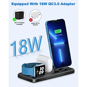 3 in 1 Charging Station for Apple Devices Foldable Charging Stand with 18W Adapter Compatible with iPhone Series AirPods Pro/3/2/1 Charging Dock for iWatch Series SE/7/6/5/4/3/2/1