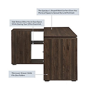 BELLEZE L Shaped Computer Desk, 60” Study Writing Table Home Office Desk Morden Corner Workstation Setup with Adjustable Storage Shelves and 3 Drawers, Dark Walnut