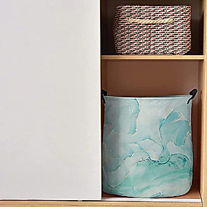 Marble Aqua Large Laundry Basket, Collapsible Bag with Easy Carry Handles, Ombre Painting Abstract Golden Line Waterproof Foldable Freestanding Hamper, Folding Washing Bin Clothes Storage Round