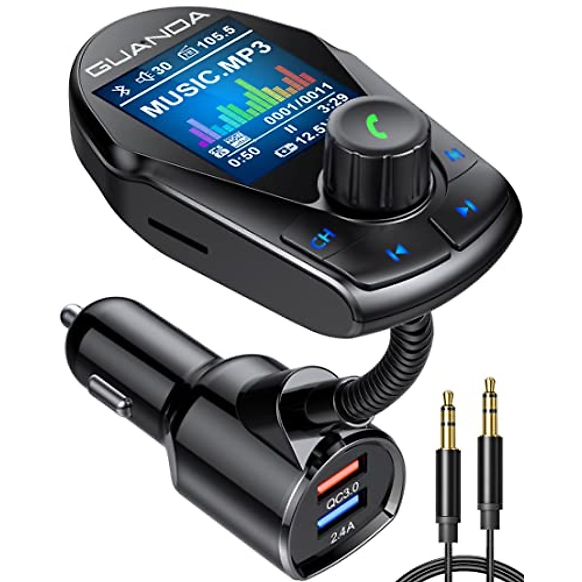 Bluetooth FM Transmitter (Upgraded Version) in-Car Wireless Radio Adapter Kit W 1.8" Color Display Hands-Free Call QC3.0 and Smart 2.4A Dual USB Ports, AUX Input/Output, TF Card MP3 Player