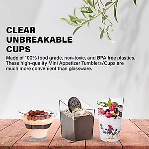 60 pack dessert cups of 3 oz, 2.5 oz and 2 oz. 3 varieties in size and shape also 20 of each shape perfect for appetizer, dessert and serving parties, plus FREE 60 spoons