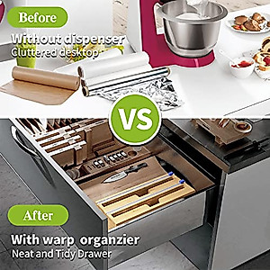 2 in 1 Wrap Dispenser with Cutter and Labels, Aluminum Foil and Plastic Wrap Organizer for Kitchen Drawer, Bamboo Roll Storage Organizer Holder for Cling Film and Tin Foil Wax Paper, Fits 12" Roll