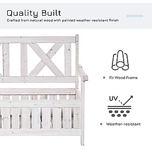 Outsunny 29 Gallon Garden Storage Bench with Wooden Frame, Large Entryway Deck Box w/Unique X-Shape Back, Louvered Side Panels for Patio, Garden, Deck, Porch & Balcony, White