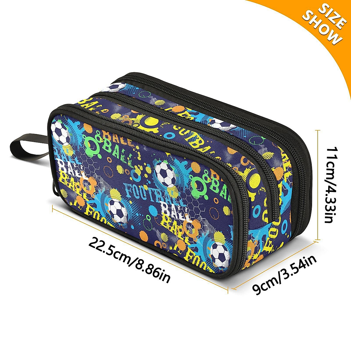 Sletend Printed Pen Case Soccer Sport Zipper Pouch Pen Bag 3 Compartment Pencil Case