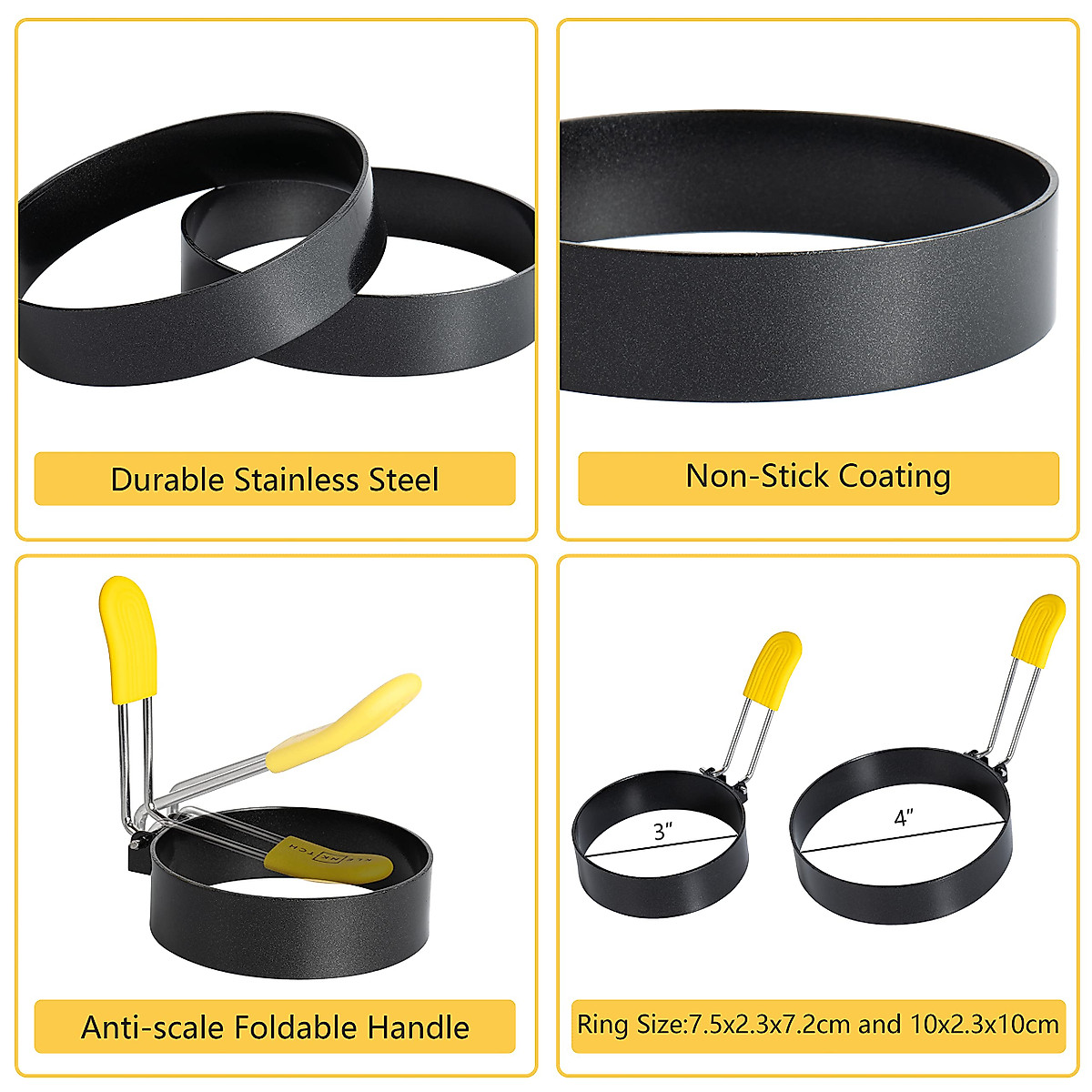 KLEINKITCH Egg Rings – 5 Piece Set of 2 Small and 2 Large Egg Molds for Frying Eggs with Oil Brush Plus Recipe EBook – Professional Portable Round Egg and Pancake Rings – 3 Inch and 4-Inch Sizes