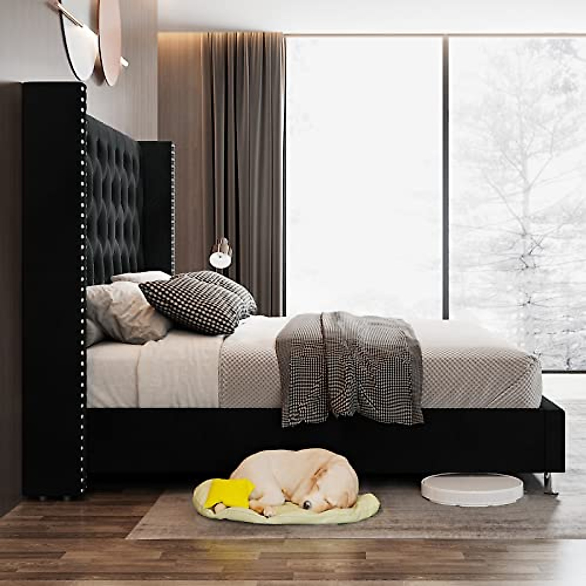 Jocisland King Bed Frame Upholstered Bed Wingback Headboard Velvet Tufted Diamond Button/No Box Spring Needed/Easy Assembly/Black