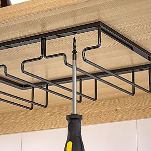 FIAMER Wine Cup Holder Table Decoration Storage Hanger Metal Organizer for Bar Kitchen 3 Rows Stemware Rack Under Cabinet Stainless Steel Hanger Storage Shelf Black