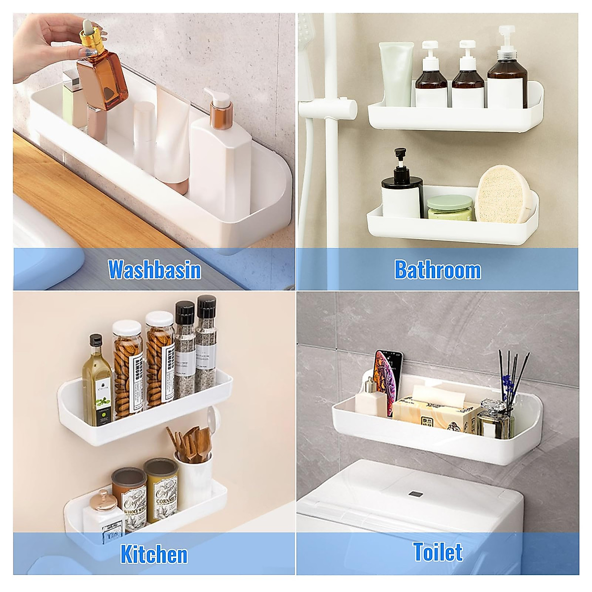 Diesisa 2pc Acrylic Wall Mounted Shower Caddy, Adhesive Shelf, Bathroom Shelves for Wall, No Drilling Hang Walls,Stick on Shelf, with Self Adhesive Tape, for Bathroom, Kitchen, Living Room