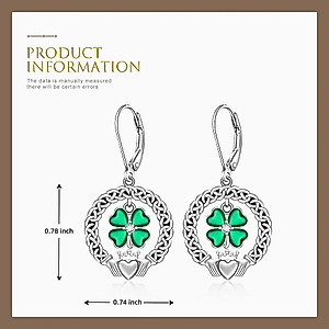 St Patricks Day Shamrock Earrings for Women Sterling Silver Four Leaf Clover Earrings Celtic Claddagh Irish Shamrock Dangle Green Lucky Jewelry Valentine Gifts