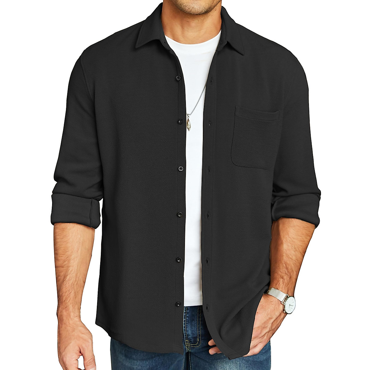 COOFANDY Men's Wrinkle Free Button Down Shirt Long Sleeve Trucker Overshirt Casual Autumn Jacket with Single Pocket Black