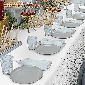 Paready White Silver Plastic Tablecloth 4 Pack 54" x 108", White Disposable Tablecloth with Silver Dot Confetti, Rectangular Plastic Table Cover for Parties, Birthday, Wedding, Graduation, Anniversary