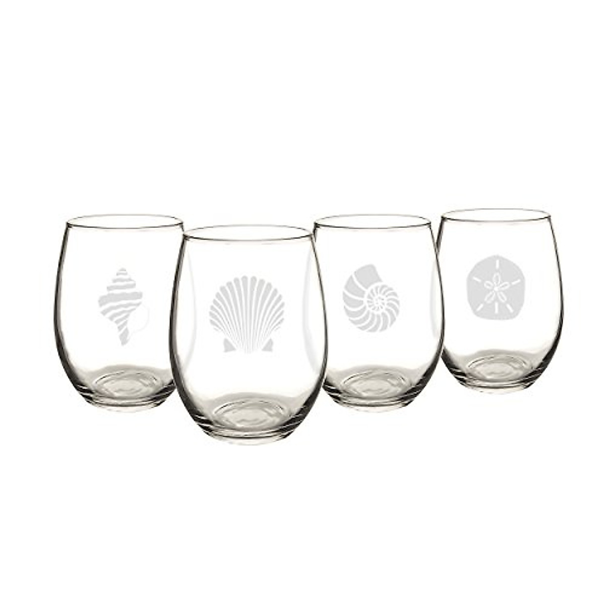 Cathy's Concepts SEA-1110 Seashell Stemless Wine Glasses – 4 Unique Designs, Holds Up to 21 oz., 4-Glass Set