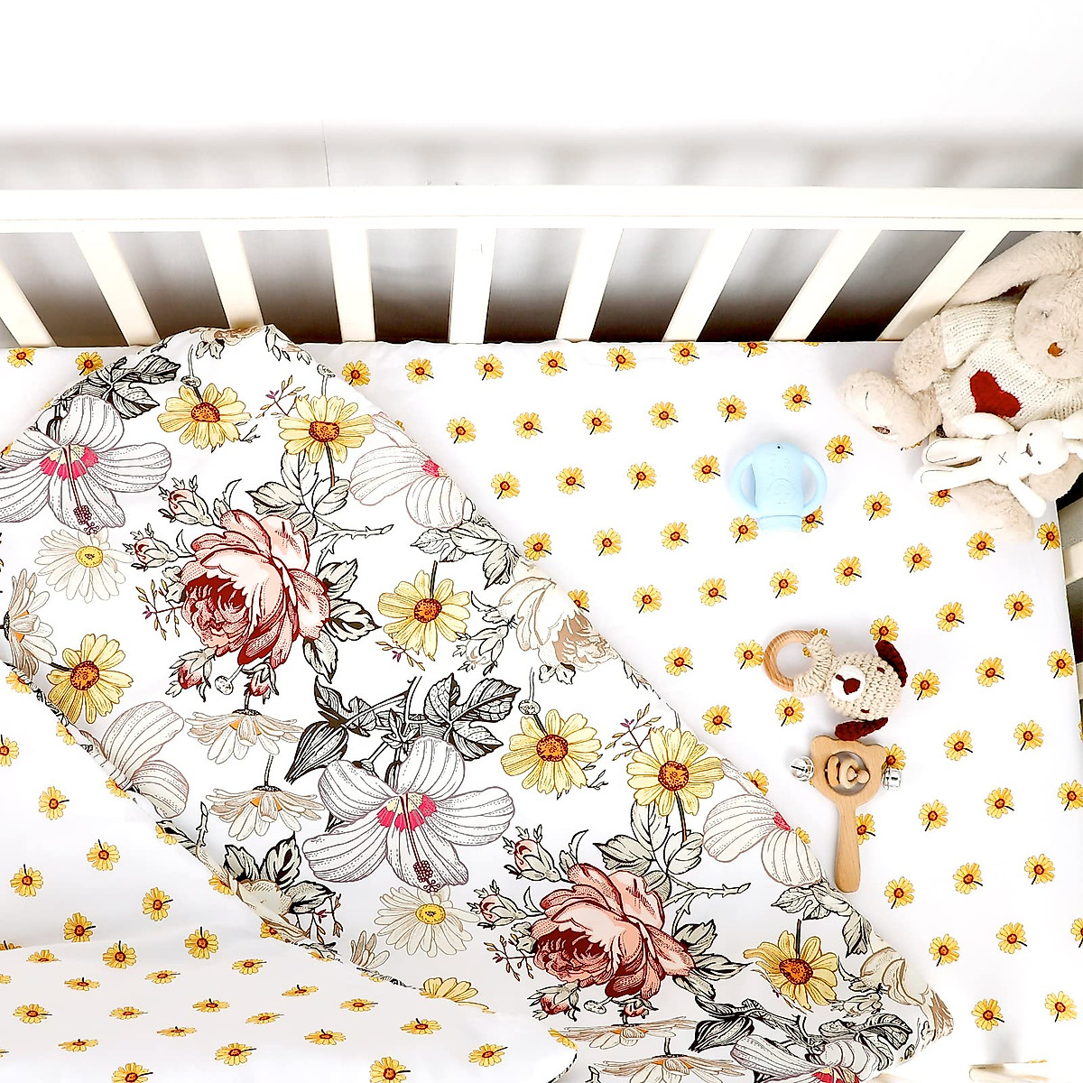 HNHUAMING 4-Piece Crib Bedding Set, Baby Girl Bedding Crib Set, Flower Crib Skirt, Baby Quilt, Crib Sheet and Diaper Stacker