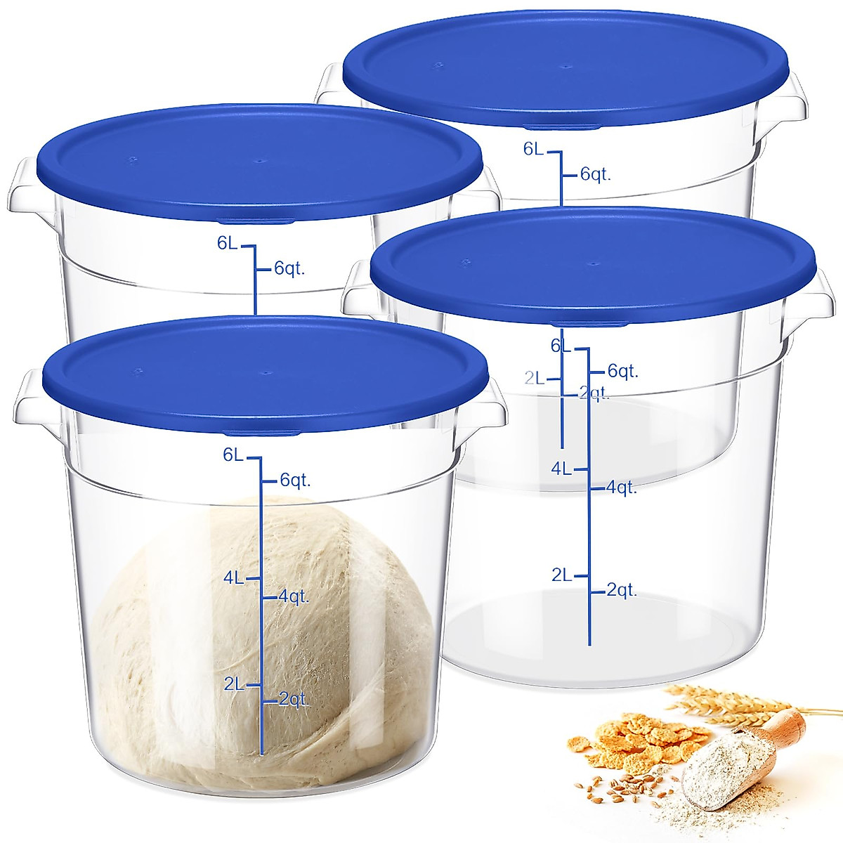Suclain 4 Pcs 6 Quart Food Storage Container with Lids Clear Proofing Containers with Scale Handle for Bread Dough Rise Home Restaurant Food Storage(Blue)