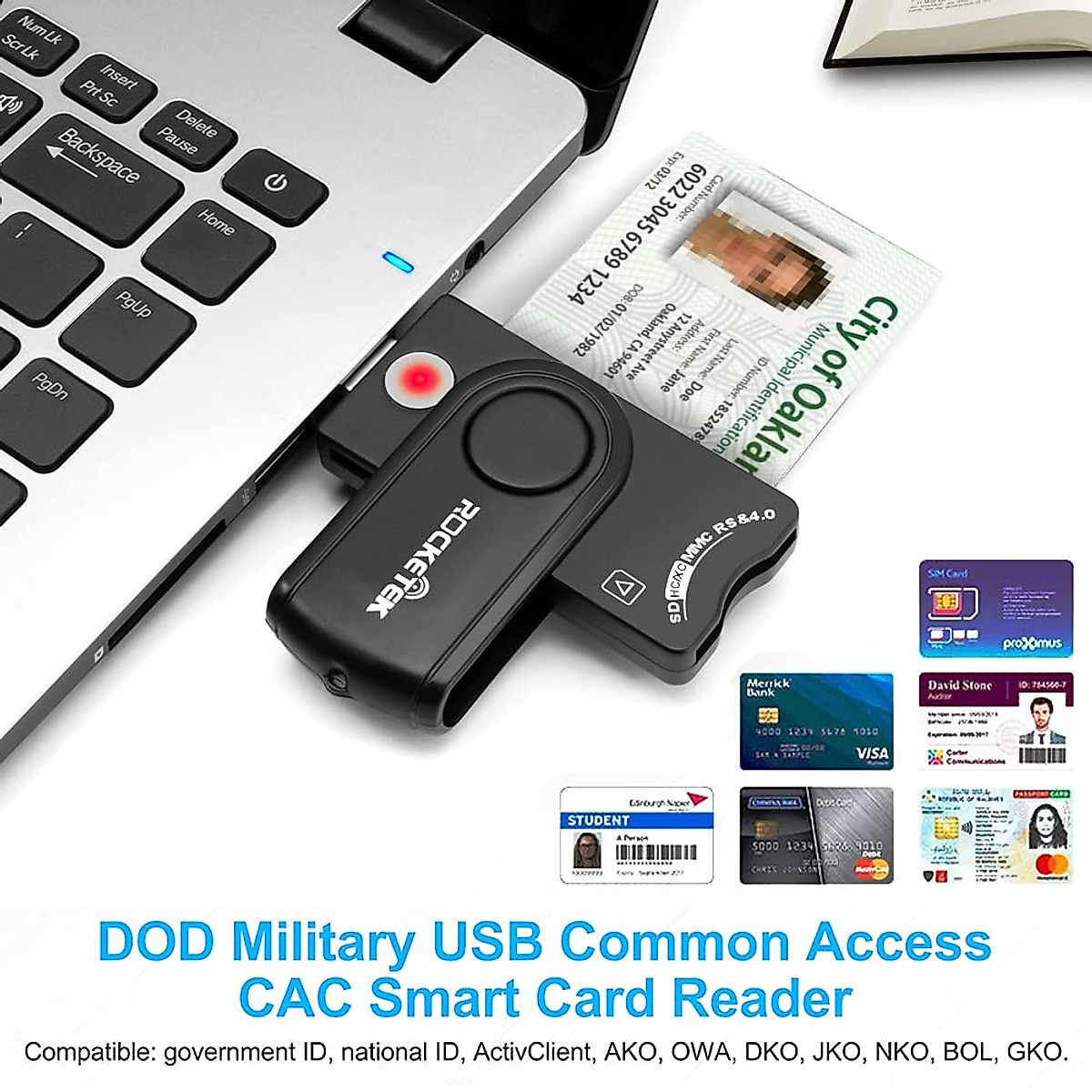 USB CAC Smart Card Reader, CAC/DOD Military, SDHC/SDXC/SD & Micro SD Card Reader for SIM and MMC RS & 4.0, Compatible with Windows, Linux/Unix, MacOS X