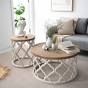COZAYH Rustic Farmhouse Coffee Table, Distressed Wood Top Table with Curved Motif Frame Base for Boho, French Country Decor, Round, White, 30Dx30Wx16H in