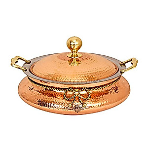 Indian Art Villa Steel Copper Hammered Chafing Dish With Brass Knob And Handles, Capacity - 8 Liters.