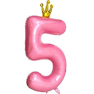 Digit Five Balloon Pink Crown Balloon 5 Year Old Sign Decor, Number 5 Foil Balloon 5th Birthday Balloon Decorations 5 Number Balloons for Wedding Bridal Shower Engagement Photo Shoot Anniversary