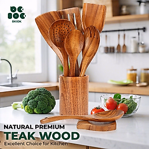 Bkiok Wooden Spoons for Cooking, Teak Wooden Utensil Set, Handmade Cooking Utensil Set with Spoon Rest and Utensils Holder (9Pcs)