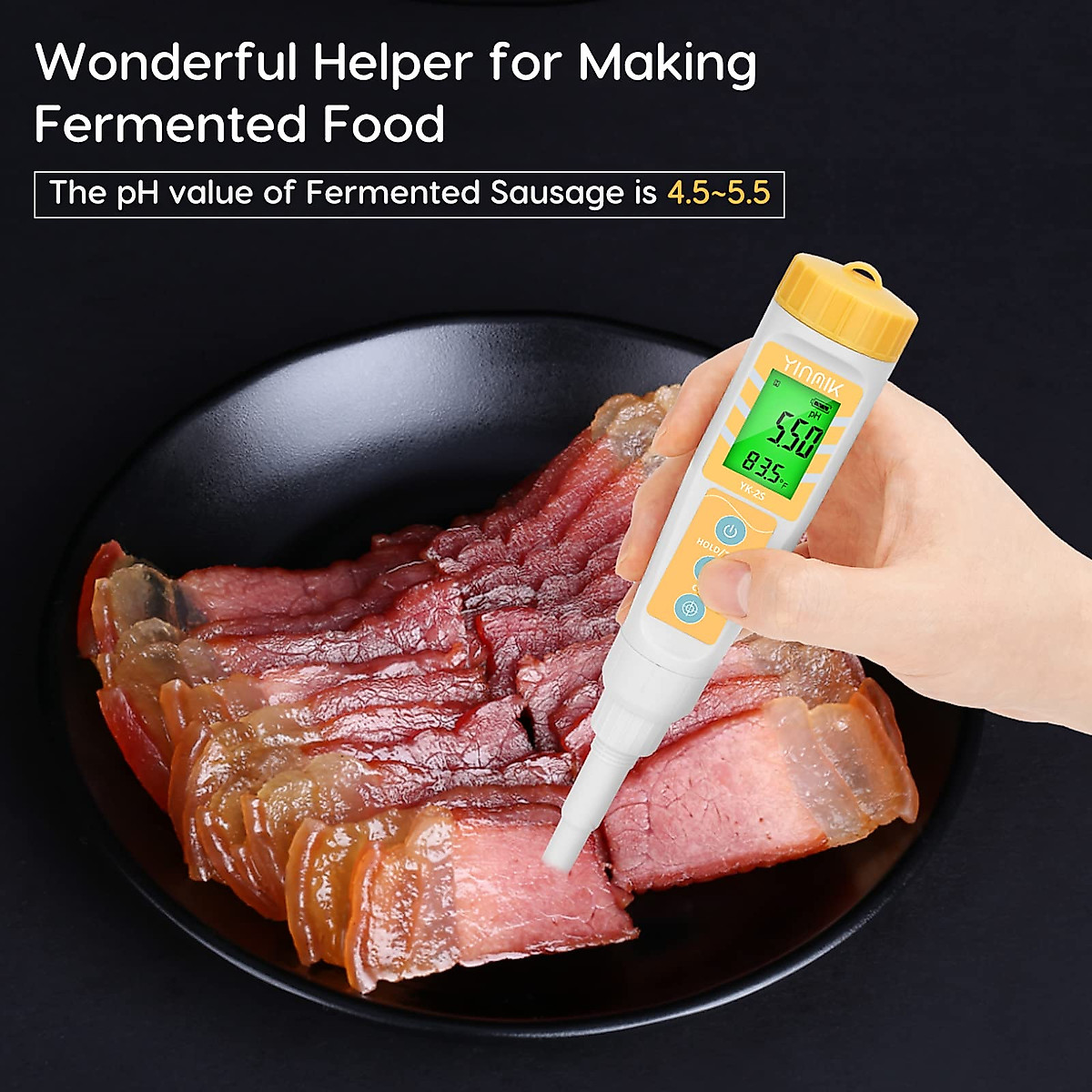 YINMIK Digital pH Meter for Food, pH Probe for Sourdough and Bread Dough, Checking The pH of Fermenting Sausages and Salami, Waterproof pH Tester for Solid and Liquid Soft Soil Sample