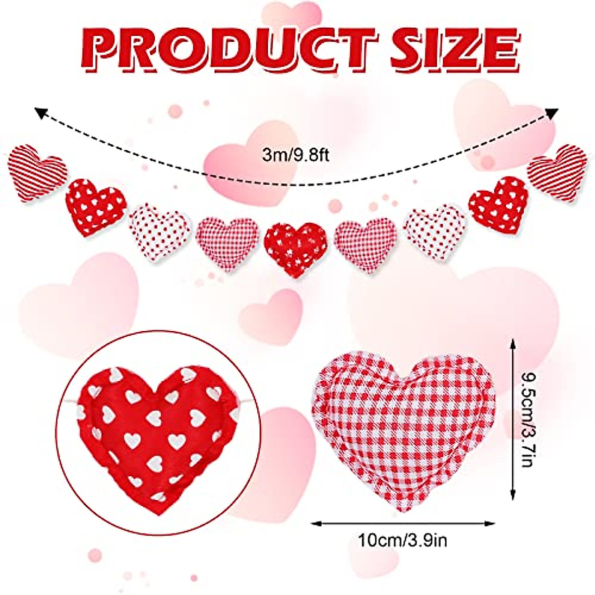 Whaline 3D Valentine's Day Heart Banner Soft Cute Heart Garland Pre-Assembled Red White Heart Fabric Banner Holiday Hanging Decoration for Valentine's Day Wedding Anniversary Party Supplies Home Decor