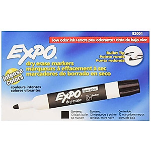 EXPO Low Odor Bullet Black Dry Erase Markers For Use On Whiteboards, Glass and Non-porous Surfaces; Ideal for Classrooms, Offices and Homes, Pack of 12 (82001)