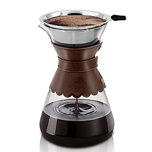 YMMIND 34oz Pour Over Coffee Maker with Double Layer Stainless Steel Filter, Borosilicate Glass Dripper, Detachable Heat-Resistant Leather Pad 7-8 Cups Coffee Maker Carafe（Dark brown）