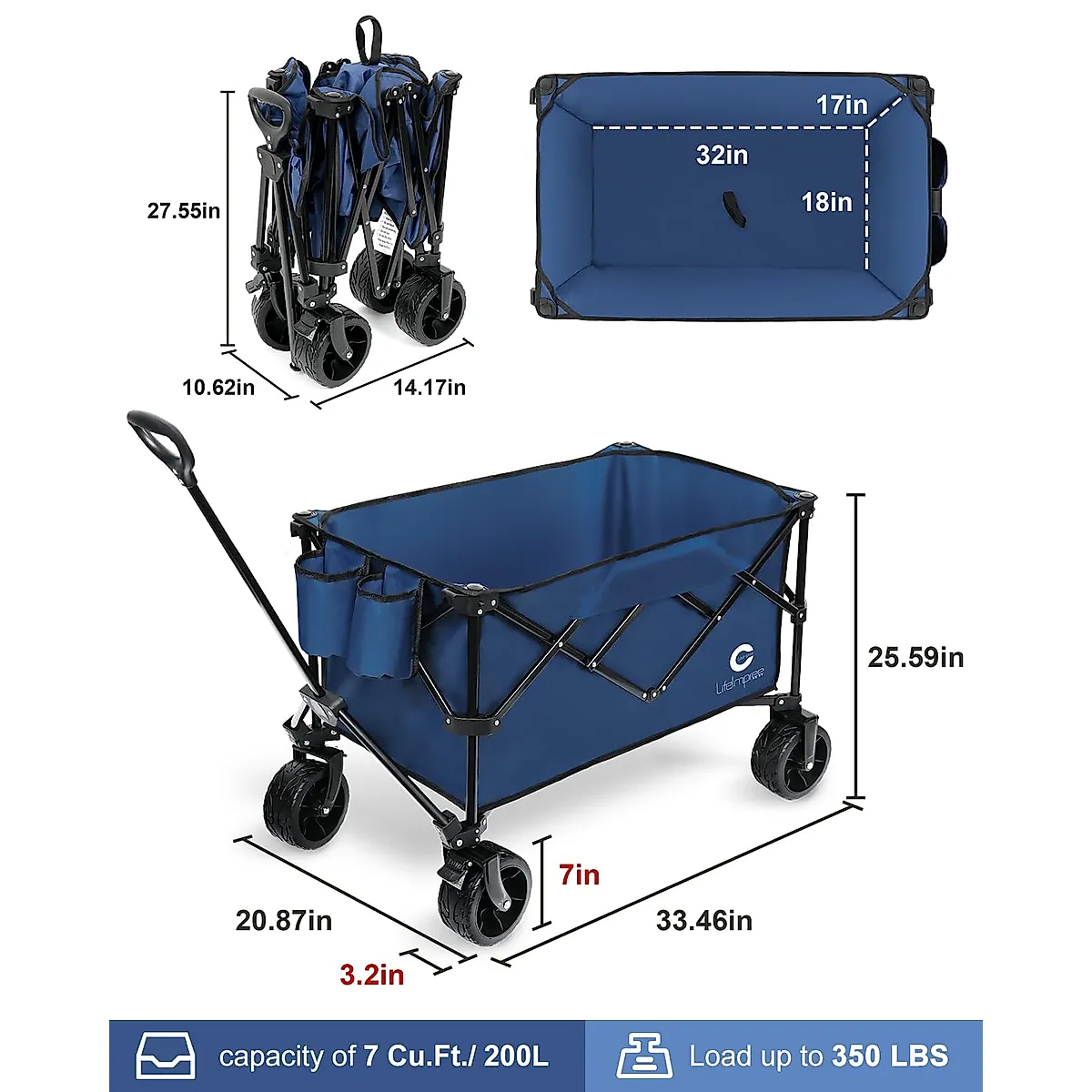 LifeImpree Collapsible Foldable Wagon, Beach Wagon with All Terrain Wheels, Heavy Duty Folding Utility Garden Cart, Adjustable Handle, 350LBS Capacity for Camping, Grocery, Sports, Shopping, Outdoor