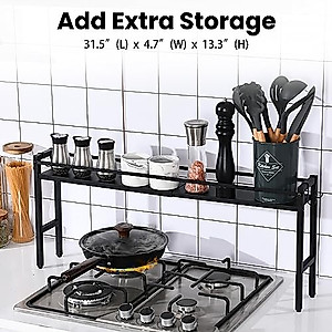 yudeke Stove Shelf, 1 Extendable Metal Shelf, Kitchen Organizer with 4 Hooks (Black)